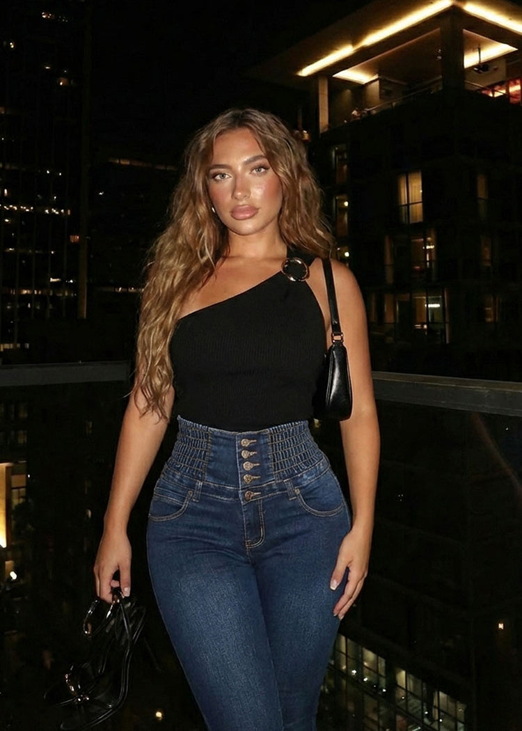 Spandex Waist Jeans High Rise Elastic Cinch Waist Tummy Control Denim ...