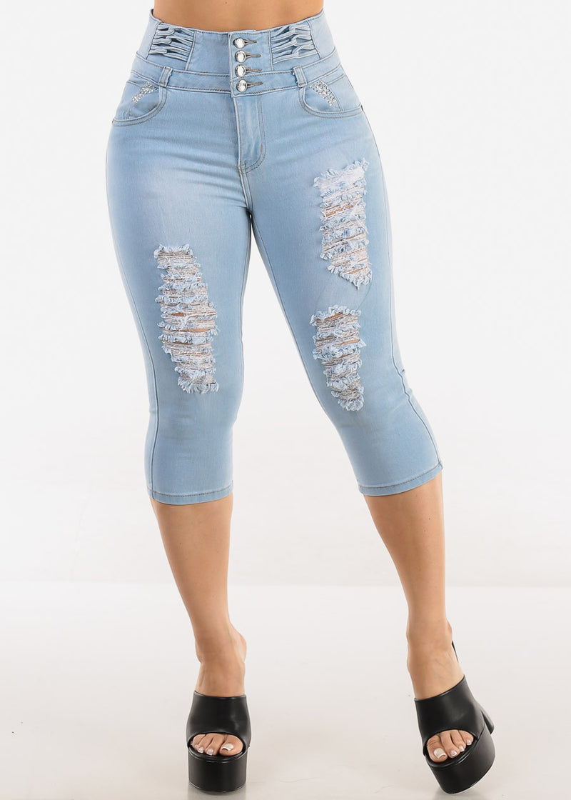 Women's Super High Waist Ripped Capris - Levantacola Ripped Denim ...