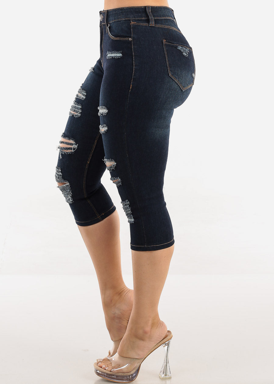 Women's Ripped Dark Wash Denim Capris - Mid Rise Distressed Denim ...