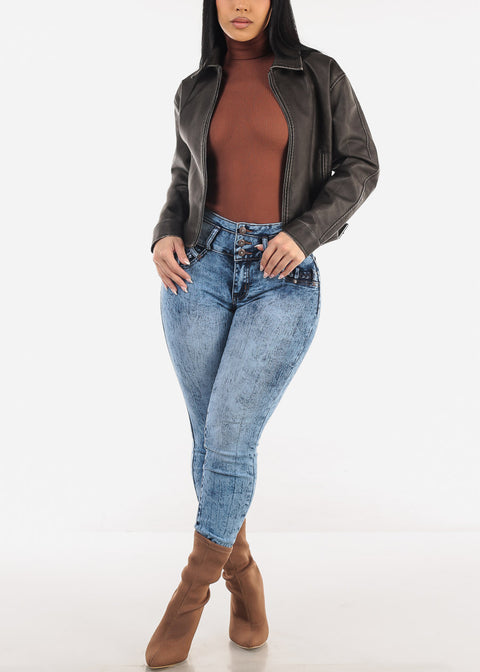 Moda Xpress Women's Butt Lifting High Waisted Acid Wash Skinny Jeans