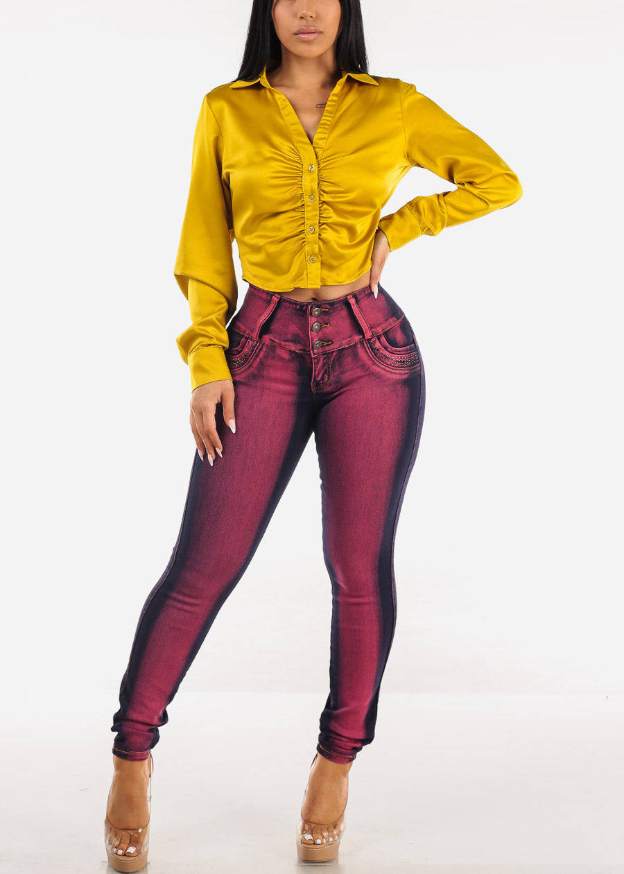 Moda Xpress Women's Mid Rise Levantacola Acid Wash Red Skinny Jeans