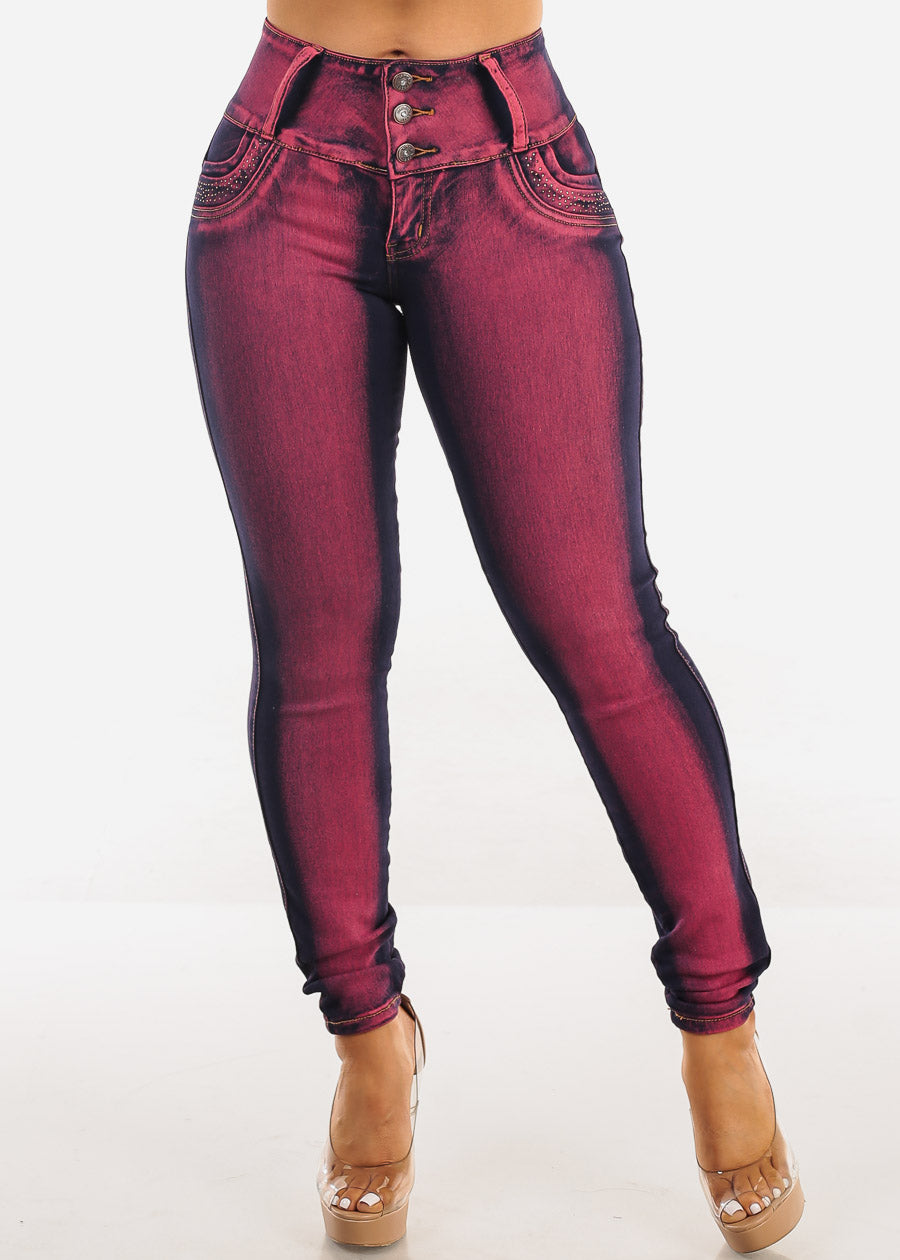Moda Xpress Women's Mid Rise Levantacola Acid Wash Red Skinny Jeans