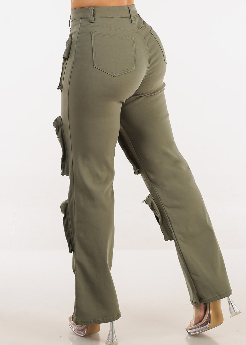 Women's Olive High Rise Cargo Pants - Straight Wide Leg Cargo Pants ...