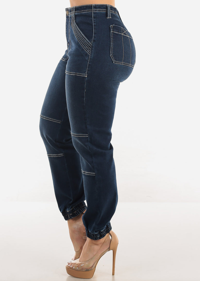 Women's High Waisted Denim Joggers - Dark Wash Cuffed Jogger Jeans ...