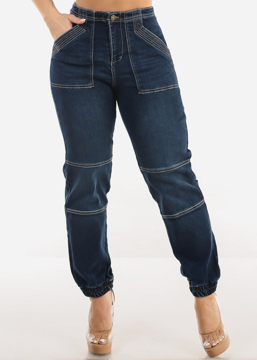 Women's High Waisted Denim Joggers - Dark Wash Cuffed Jogger Jeans ...