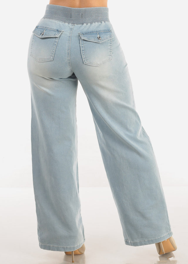Women's Pull On Wide Legged Jeans - Light High Waisted Wide Leg Jeans ...