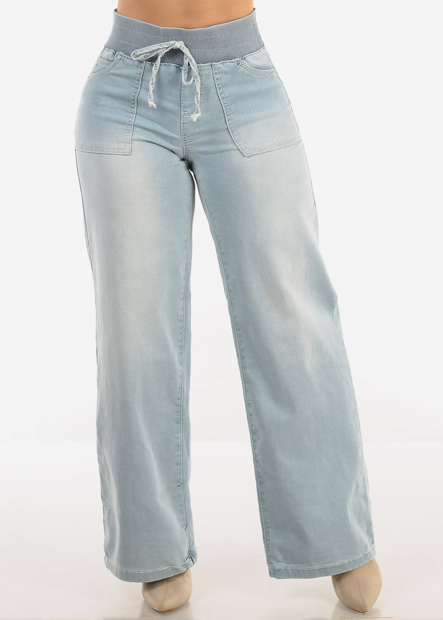 Women's Pull On Wide Legged Jeans - Light High Waisted Wide Leg Jeans ...