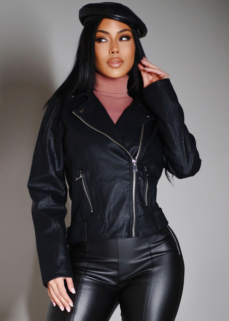 Women's Black Long Sleeve Pleather Jacket - Black Biker Moto Jacket ...