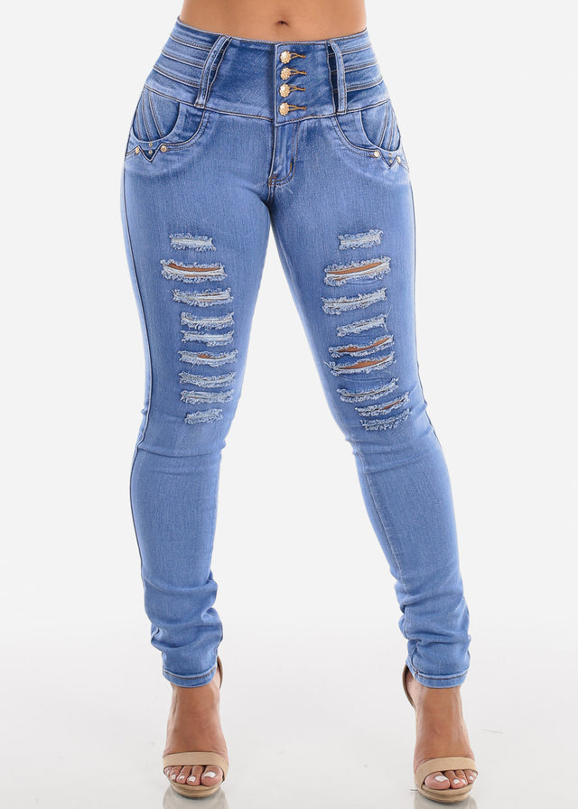 Ripped Mid Rise Skinny Jeans - Colombian Distressed Cut-Out Skinny ...